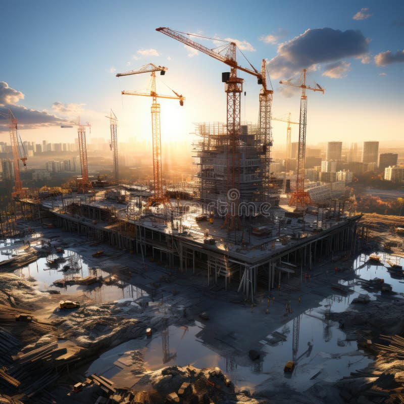 Construction Building Process with Crane Elements, Unfinished Building ...