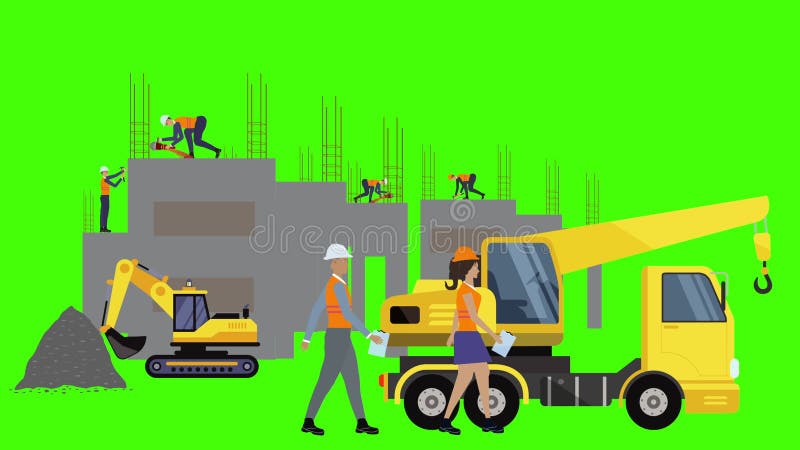 Construction Building Site Animation with Workers, Green Screen Stock ...