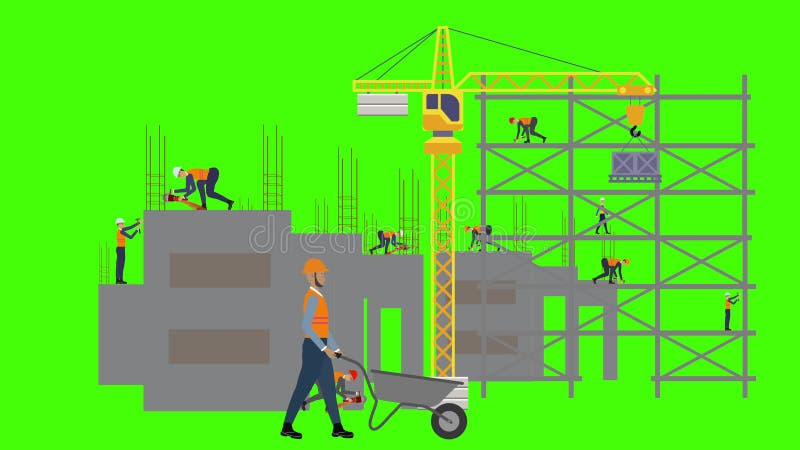 Construction Building Site Animation with Workers, Green Screen Stock ...