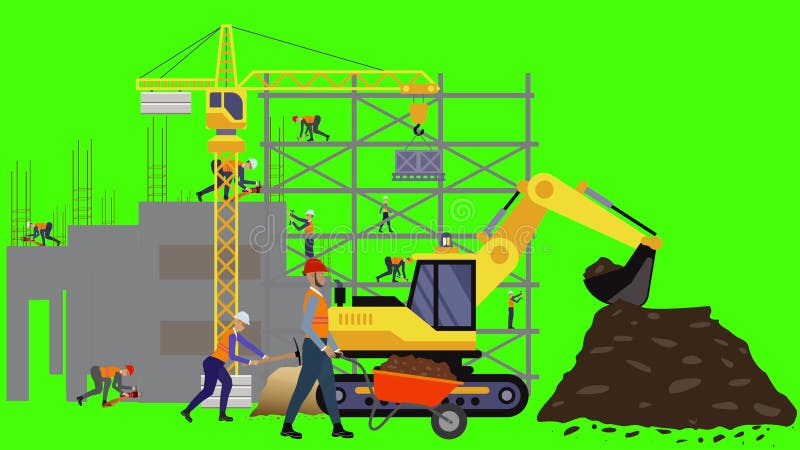 Construction Building Site Animation with Workers, Green Screen Stock ...
