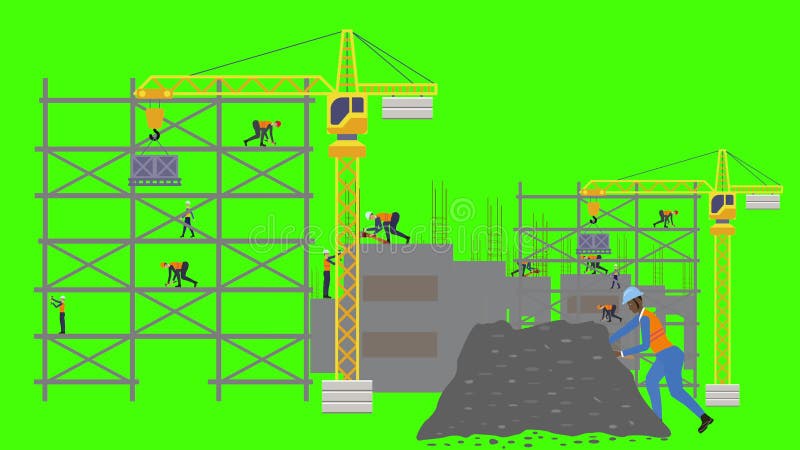 Construction Building Site Animation with Workers, Green Screen Stock ...