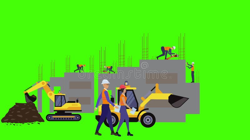 Construction Building Site Animation with Workers, Green Screen Stock ...