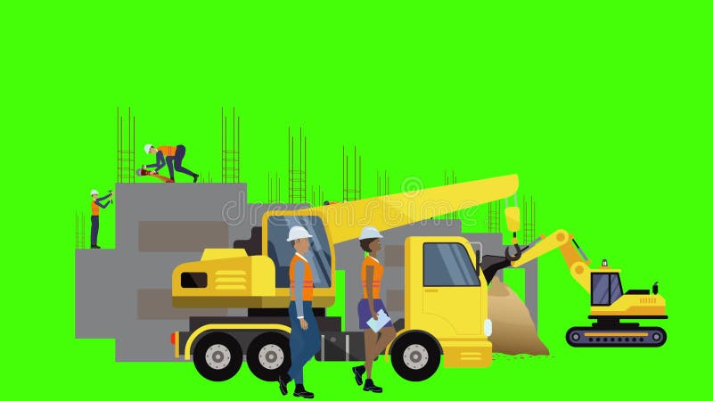 Construction Building Site Animation with Workers, Green Screen Stock ...