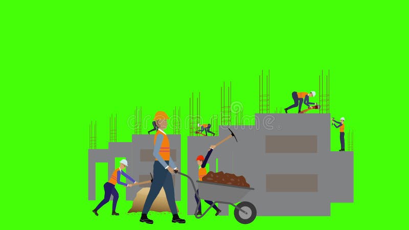 Construction Building Site Animation with Workers, Green Screen Stock ...
