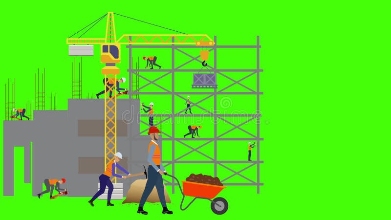 Construction Building Site Animation with Workers, Green Screen Stock ...