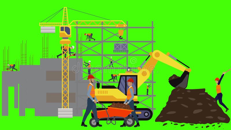 Construction Building Site Animation with Workers, Green Screen Stock ...