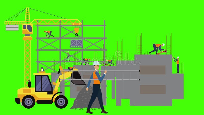Construction Building Site Animation with Workers, Green Screen Stock ...