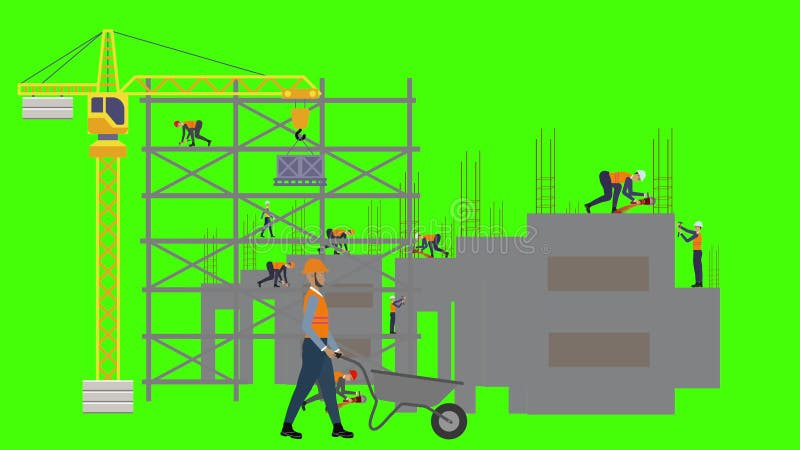 Construction Building Site Animation with Workers, Green Screen Stock ...