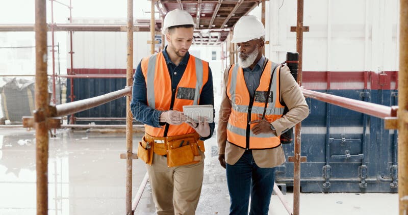Construction, Building and Tablet with an Architect and Engineer on ...