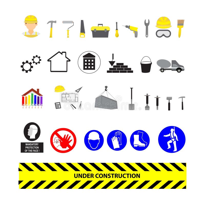 Construction, Building, Tools and Symbols Set of Icons Stock Vector ...