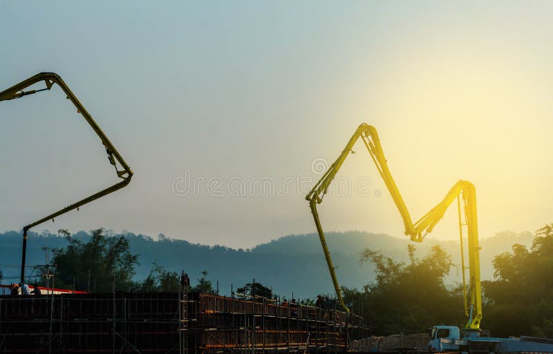 Construction Building Works with Concrete Pump for Pouring. Stock Image ...