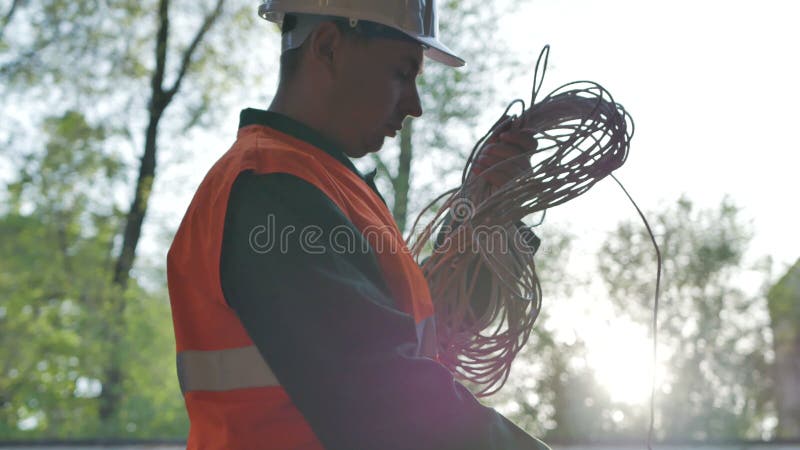 Construction Cable Worker Helmet on Checking Coil of Wires Stock ...