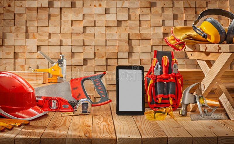 Construction Carpenters Tools Set on Wooden Background Smartphone ...