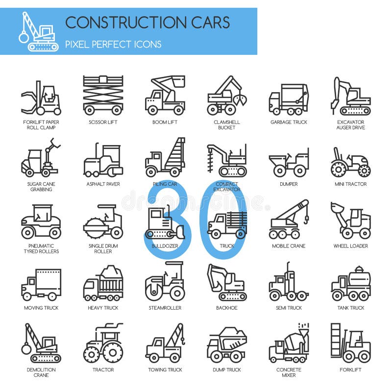 Construction Cars , Thin Line Icons Set Stock Vector - Illustration of ...
