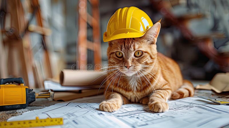 Construction Cat. a Charming Ginger Cat Donning a Yellow Hard Hat ...