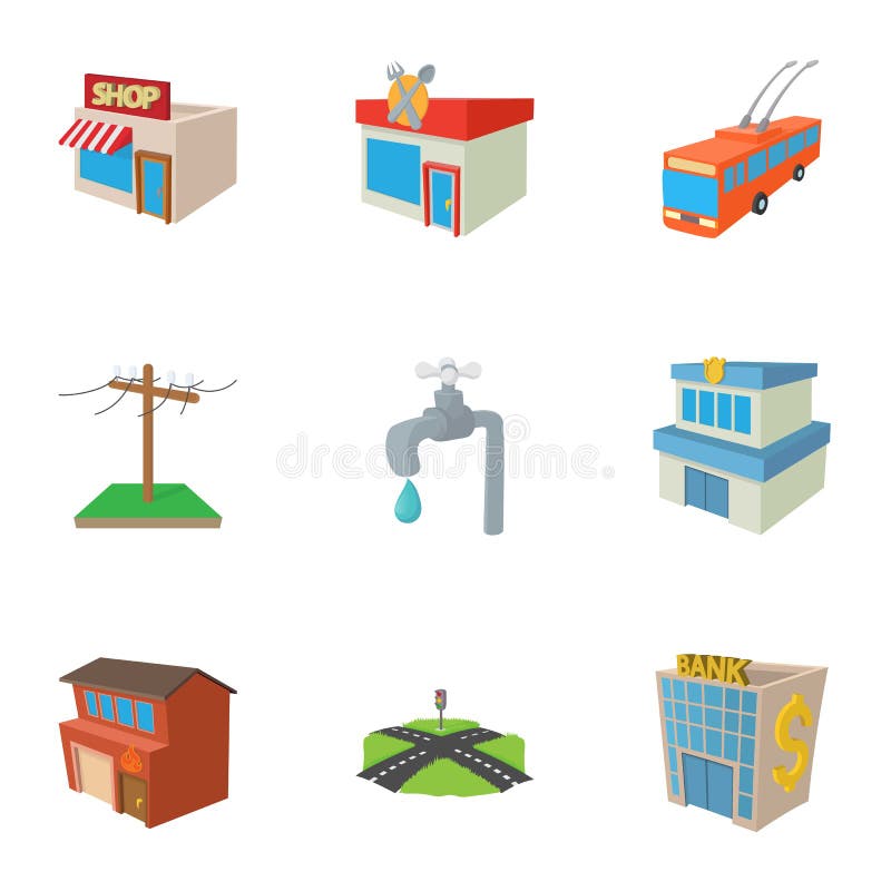 Construction of City Icons Set, Cartoon Style Stock Vector ...