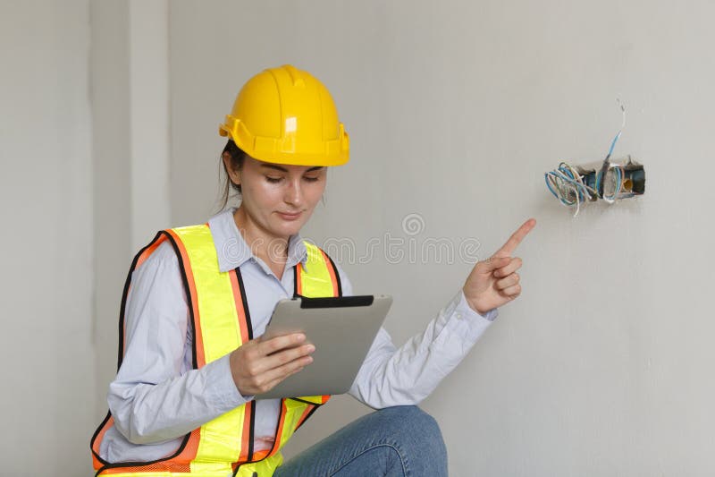 Construction Civil Engineer Woman Using Tablet Checking Quality Manage Electrical System Office ...