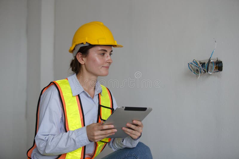 Construction Civil Engineer Woman Using Tablet Checking Quality Manage ...