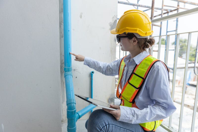 Construction Civil Engineer Woman Using Tablet Checking Quality Water ...