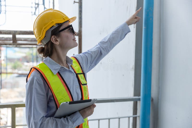 Construction Civil Engineer Woman Using Tablet Checking Quality Water ...