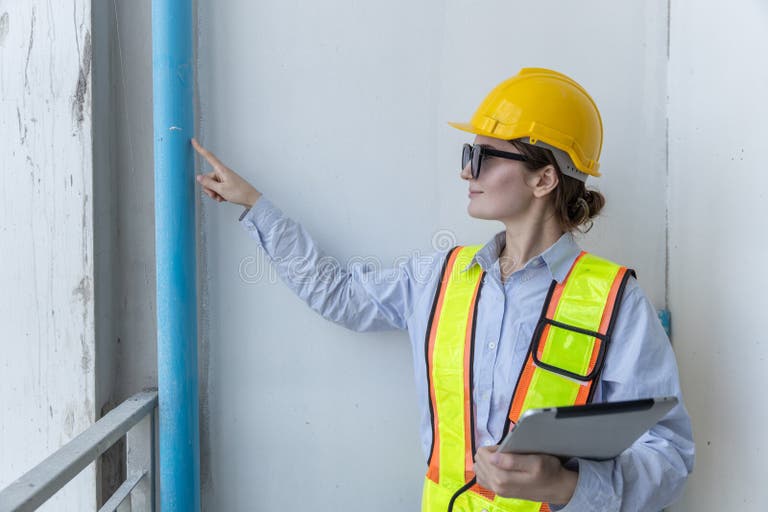 Construction Civil Engineer Woman Using Tablet Checking Quality Water ...