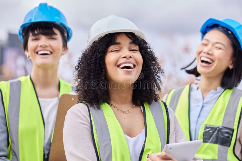 Construction, Collaboration and Friends Laughing while Working on a ...