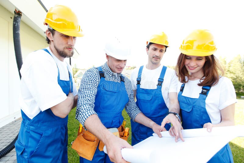 Construction Colleagues with Blueprint Stock Photo - Image of engineer ...