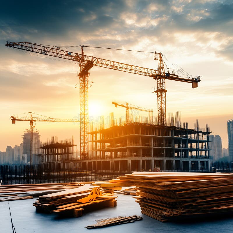 Construction Company Building Modern Skyscraper at Sunset Stock ...