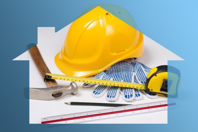 Construction Concept - Builder S Work Tools in Blue House Stock Image ...