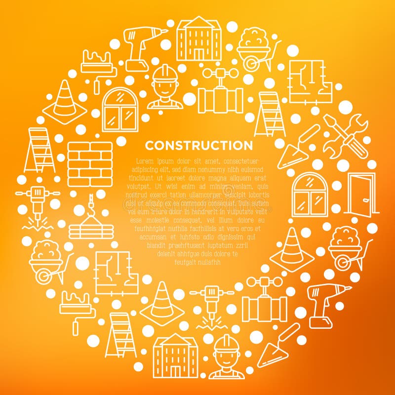 Construction Concept in Circle with Thin Line Icons: Builder in Helmet ...