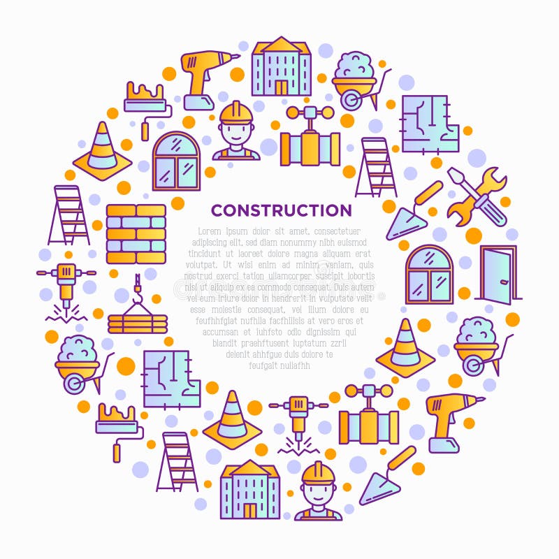 Construction Concept in Circle with Thin Line Icons: Builder in Helmet ...