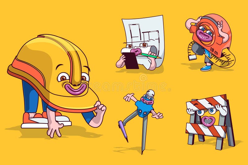 Construction Concept with 3d Cute Cartoon Characters Set Stock Vector ...