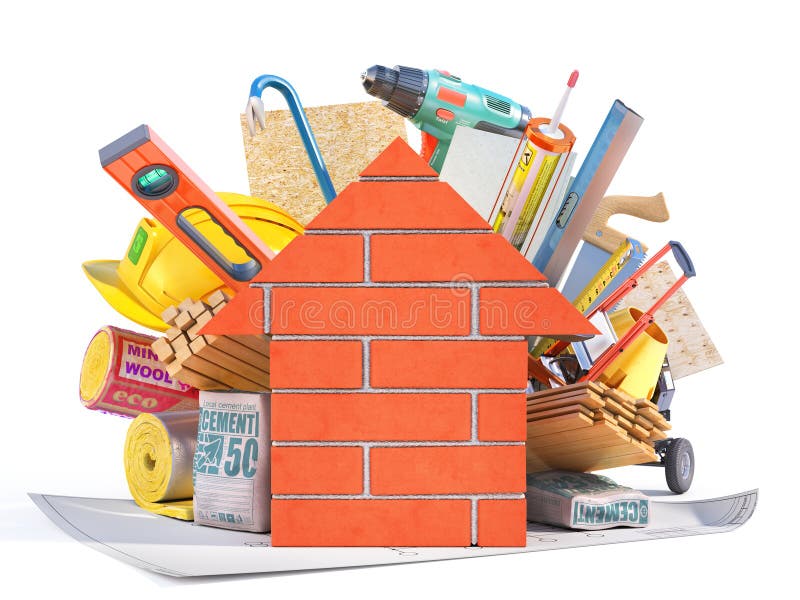 Construction Concept. Different Building Tools Behind the Brick Wall in ...