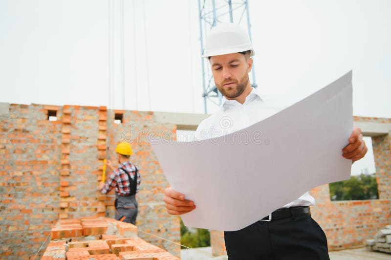 Construction Concept of Engineer Working at Construction Site with Blue ...