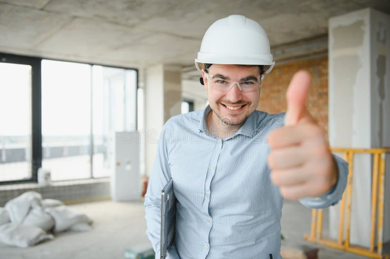Construction Concept. Portrait of a Young Architect at a Construction ...