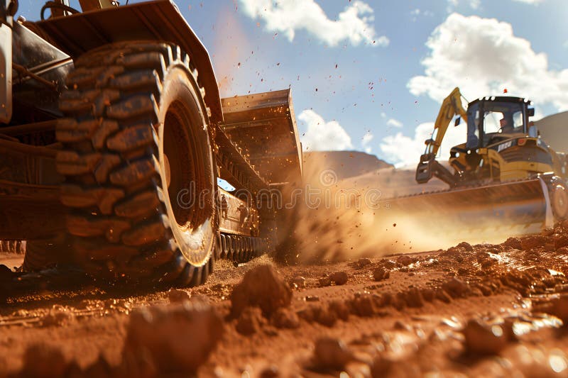 Construction Concept - Road Building Machines, Low Angle View Stock ...