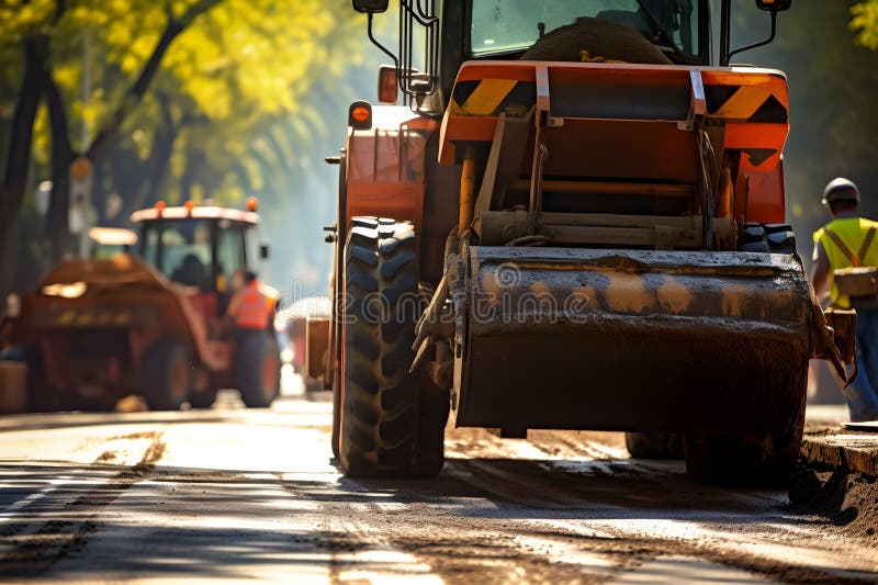 Construction Concept - Road Building Machines, Low Angle View Stock ...