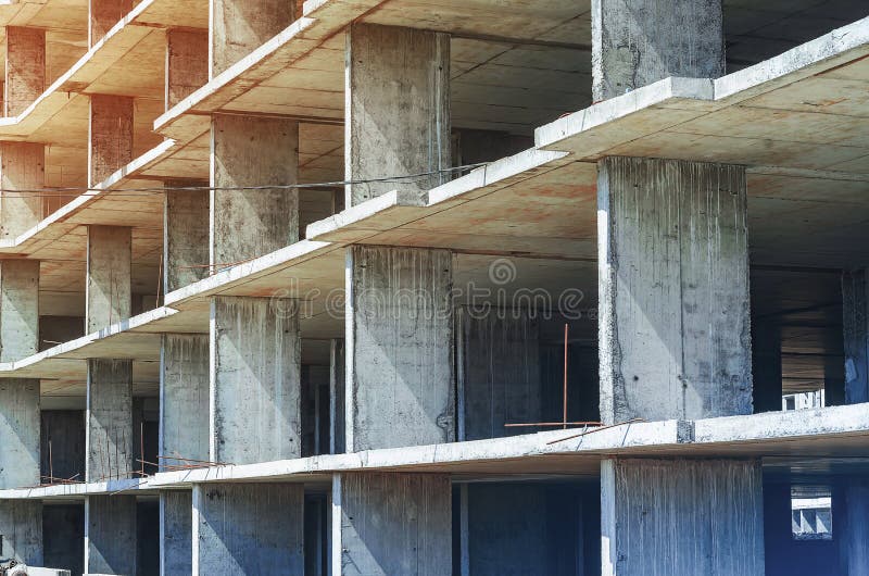 Construction of Concrete Apartment Building. Gray Frame of the Building ...