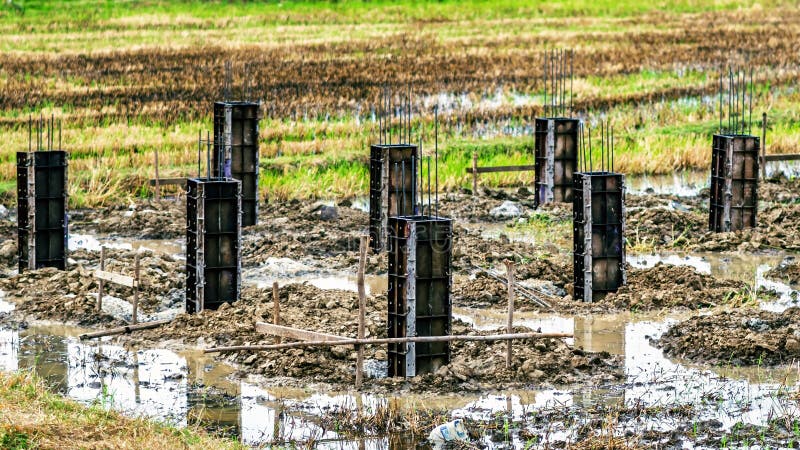 Construction of Concrete Pillars in Paddy Field. Formwork with ...