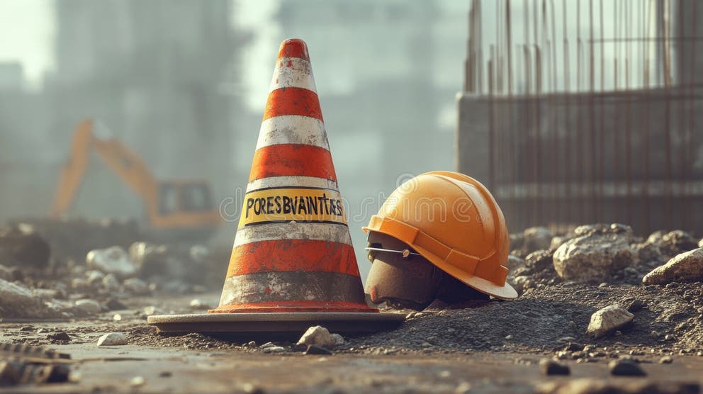 A Construction Cone and a Hard Hat Sitting on a Pile of Rubble Stock ...