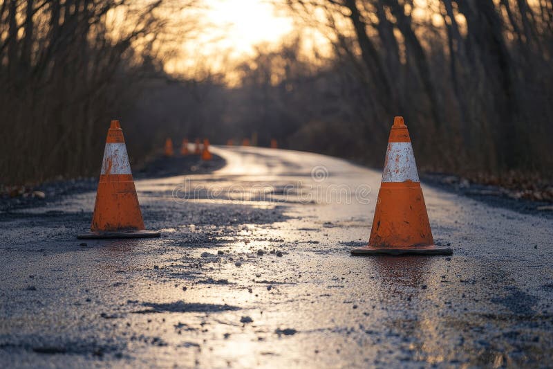 Construction Cones Designating Road Sections in a Clear and Focused ...
