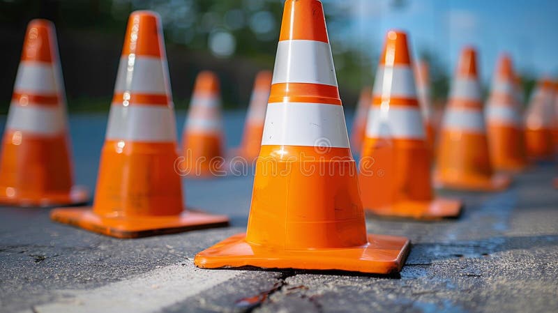Construction Cones Marking Part of Road. Low Angel View_ Stock Image ...