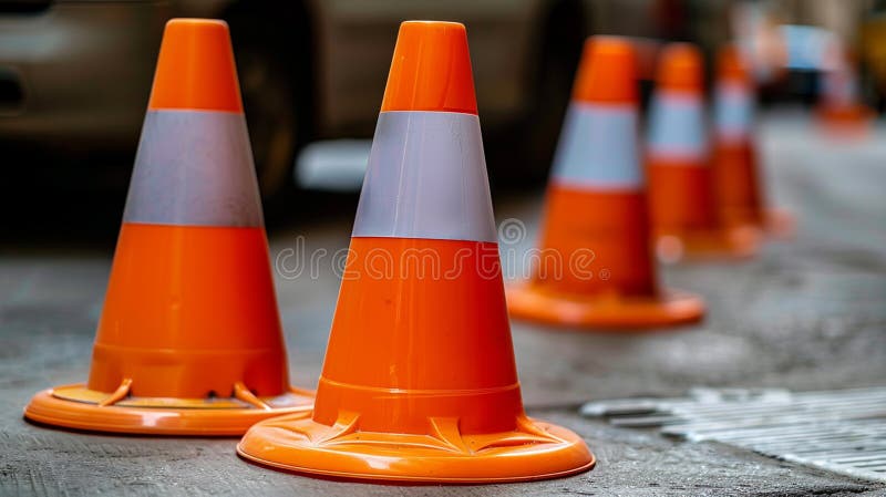 Construction Cones Marking Part of Road. Low Angel View_ Stock Photo ...