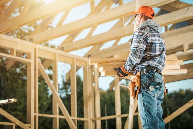 Construction Contractor Worker Moving Pieces of Wood Building Structure ...