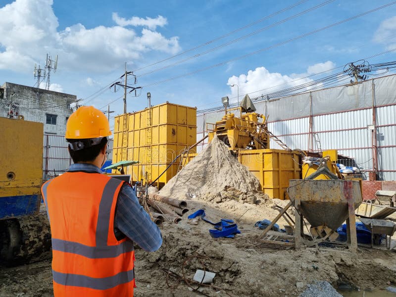 Construction Control Engineer Cranes the Construction Site Area ...