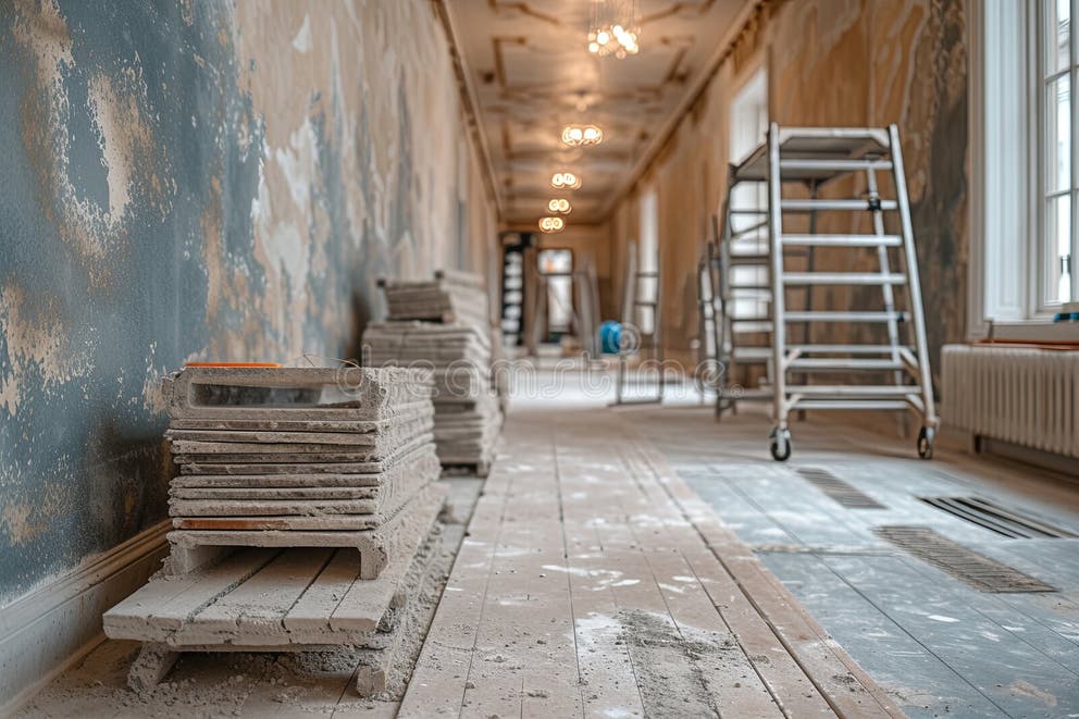 Construction Corridor with Stacked Materials Stock Illustration ...