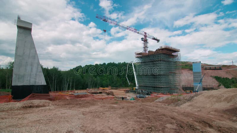 Construction Crane for Building Bridge Support on Road Site Stock ...