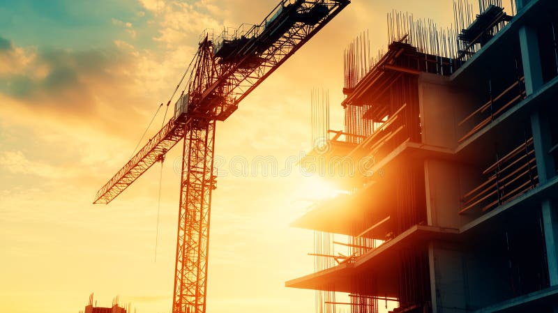 Construction Crane Building Modern Skyscraper at Sunset Stock ...