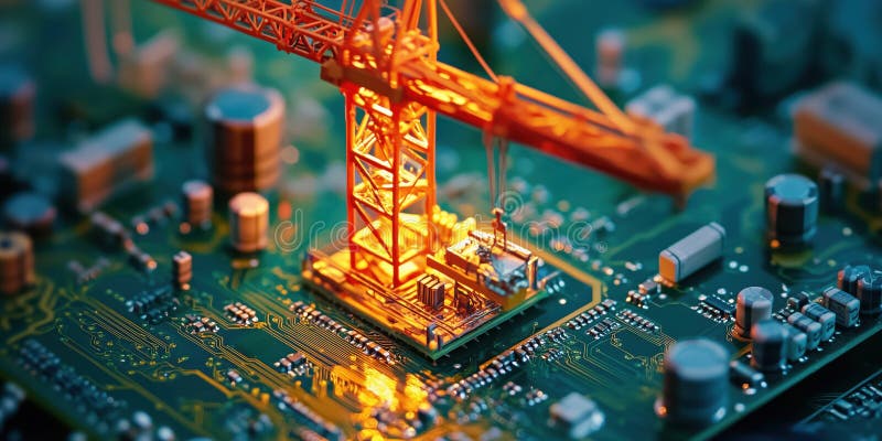 Construction Crane on Circuit Board Symbolizing Technology and ...