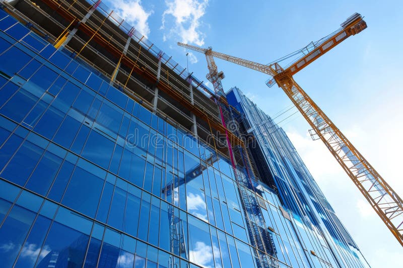 Construction Crane Constructing Modern Office Building with Mirrored ...